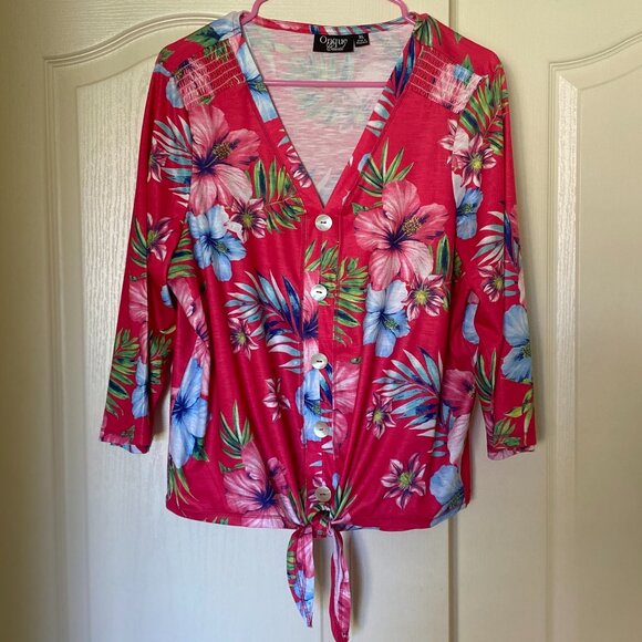 Onque Casual | Tops | Floral Pink Hibiscus Tie Front Top For Women ...